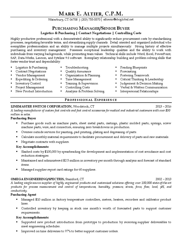 Senior Buyer Medical Manufacturer in Waterbury CT Resume Mark Altier ...
