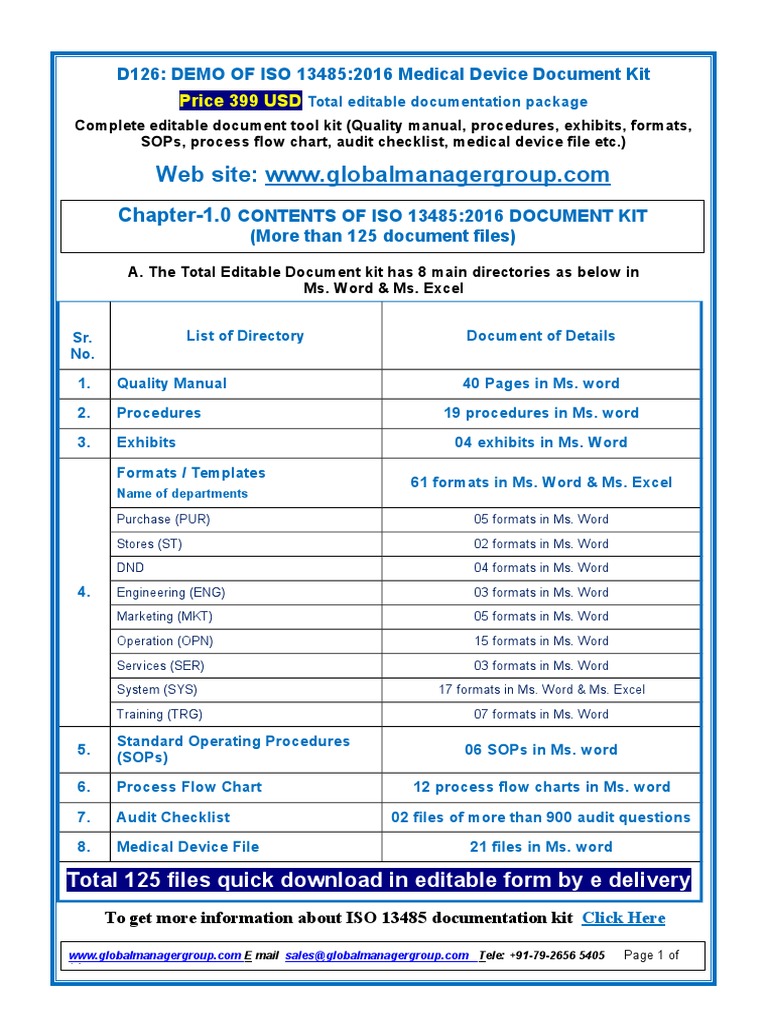 ISO 13485:2016 Document Kit Overview | PDF | Documentation | Audit