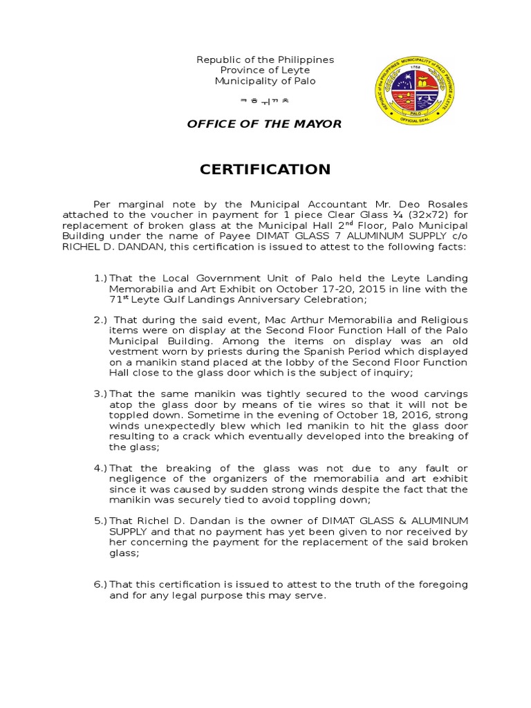 Certification of Glass Replacement in Palo | PDF