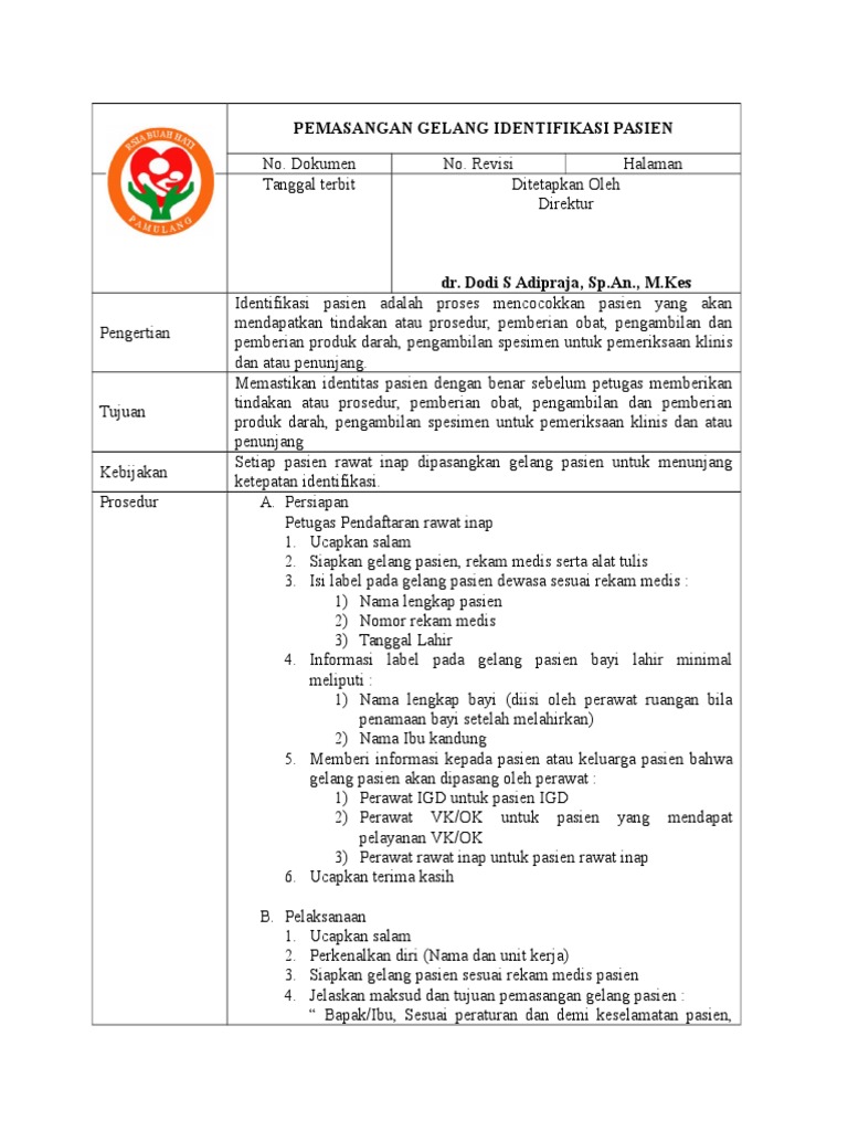 Draft SPO Pemasangan Gelang Identifikasi Pasien | PDF