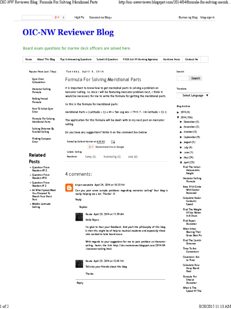 OIC-NW Reviewer Blog - Formula For Solving Meridional Parts | PDF | Technology & Engineering