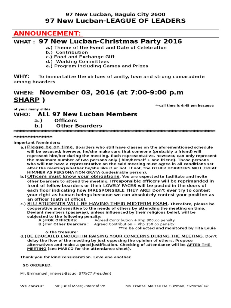 Christmas Party Memo for Boarders | PDF