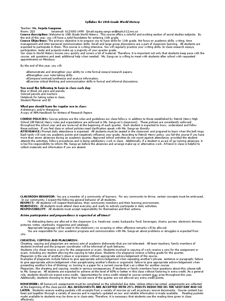 Syllabus For 10th Grade World History | PDF | Civilization | Empire