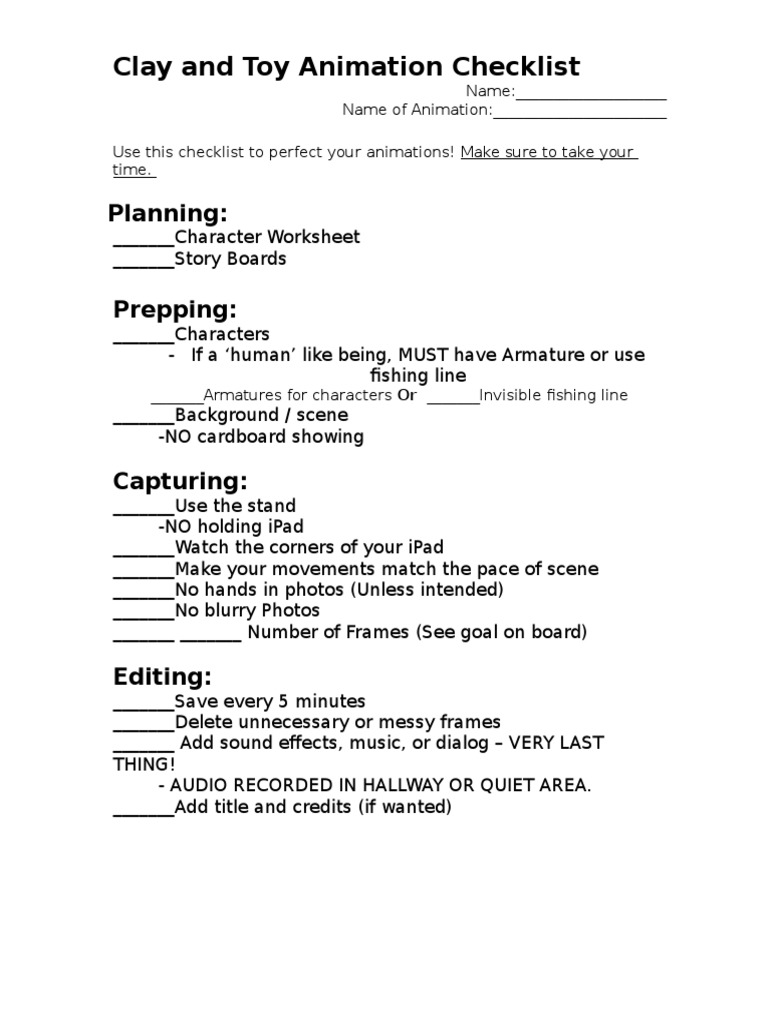 Clay and Toy Animation Checklist | PDF
