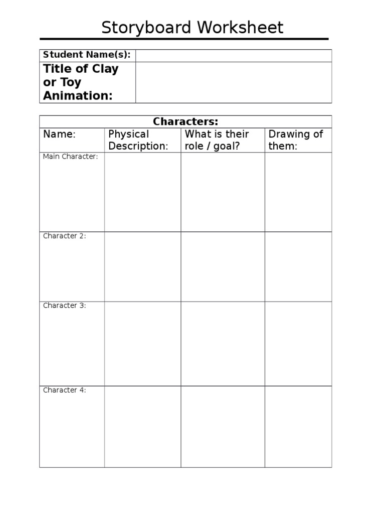 Storyboard Worksheet: Title of Clay or Toy Animation | PDF
