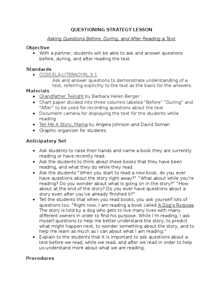 Questioning Strategy Lesson | PDF | Educational Assessment ...