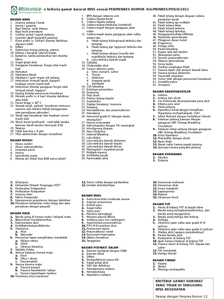 Daftar Kriteria Gawat Darurat BPJS Sesuai PERMENKES NOMOR 416 | PDF | Sains & Matematika
