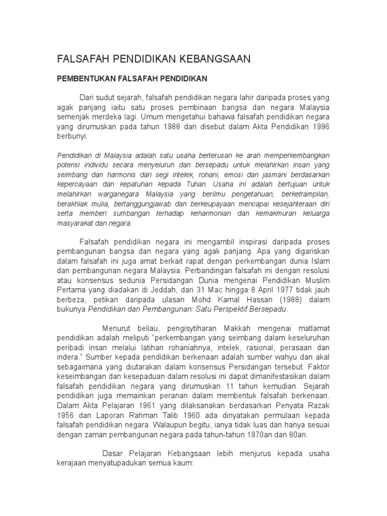 Falsafah Pendidikan Kebangsaan | PDF