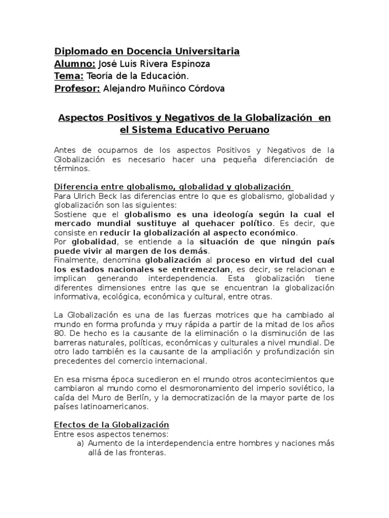 Aspectos Positivos y Negativos de La Globalización en El Sistema Educativo Peruano | PDF ...