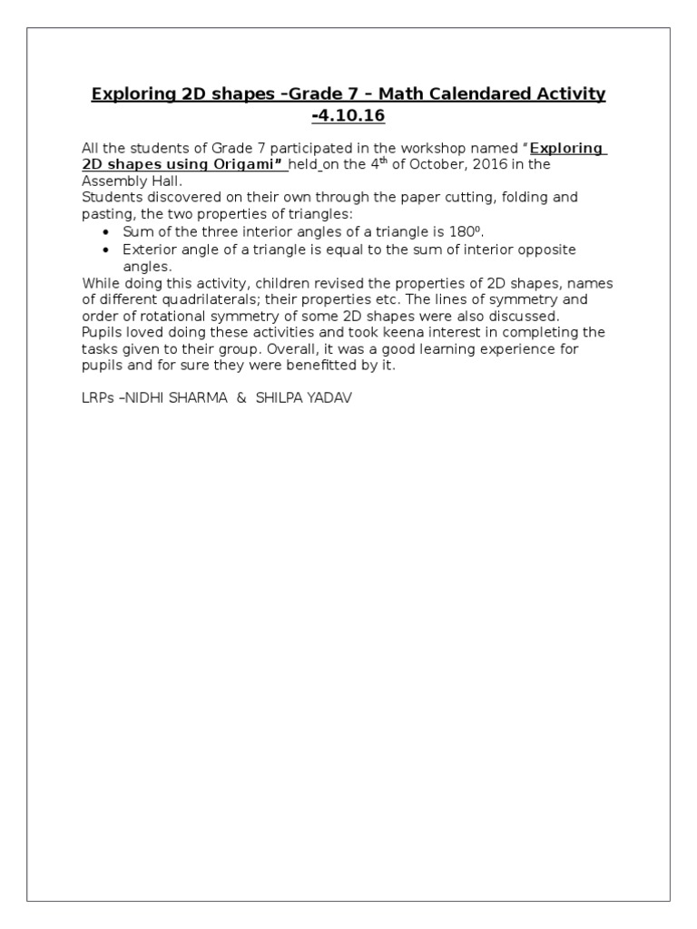 Exploring 2D Shapes - Grade 7 - Math Calendared Activity - 4.10.16 | PDF