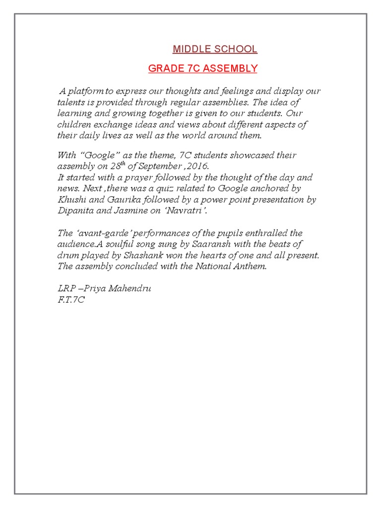 Grade 7C Assembly: Middle School | PDF