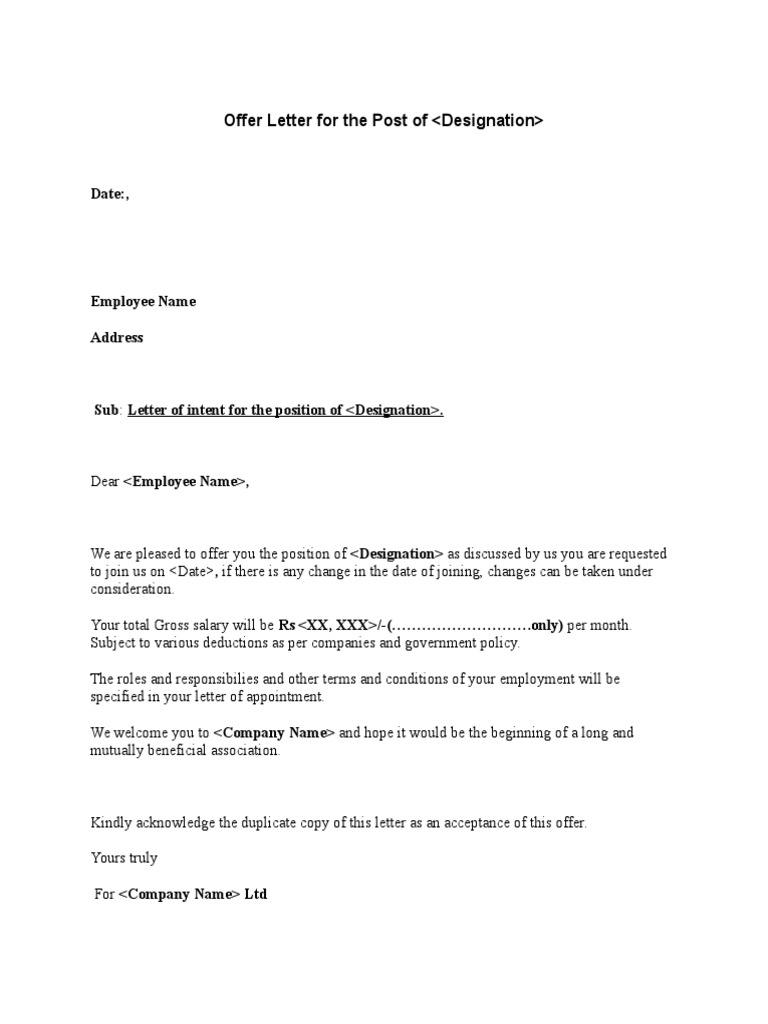 Offer Letter For The Post of : Date | PDF