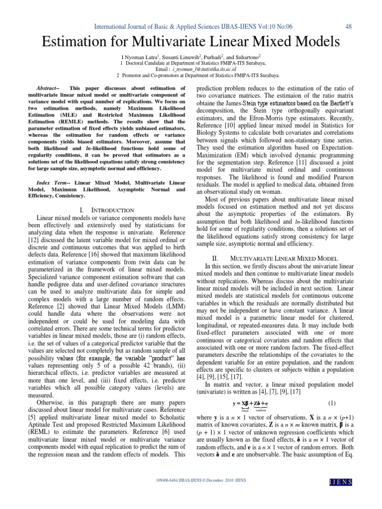Estimation For Multivariate Linear Mixed Models | PDF | Dependent And Independent Variables ...
