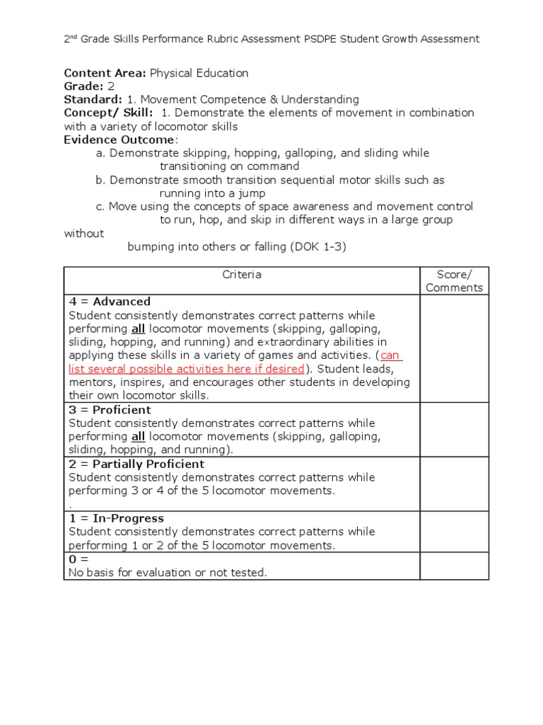 2nd Grade Locomotor Skills Rubric | PDF | Career & Growth | Self ...