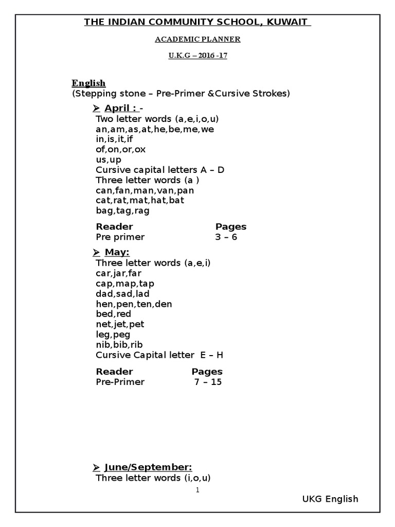 UKG English Syllabus | PDF