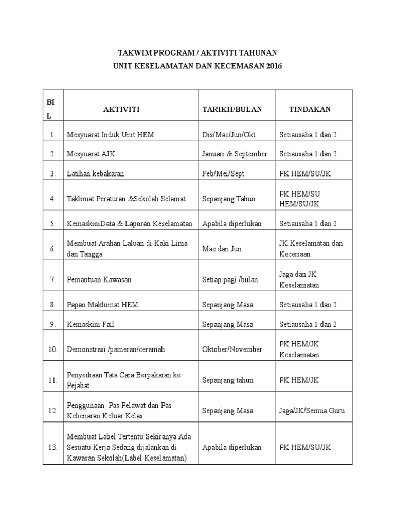 Takwim Program Keselamatan Pdf