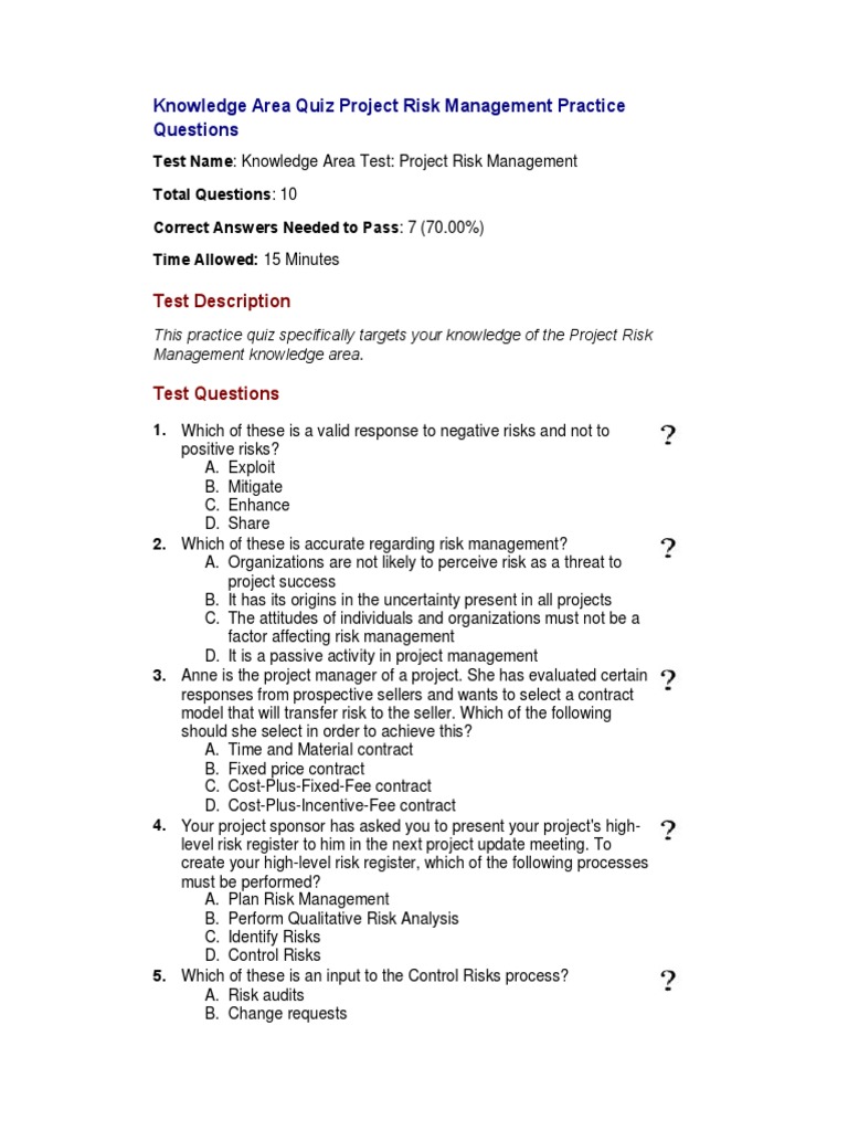 08 - Knowledge Area Quiz Project Risk Management | PDF | Risk ...