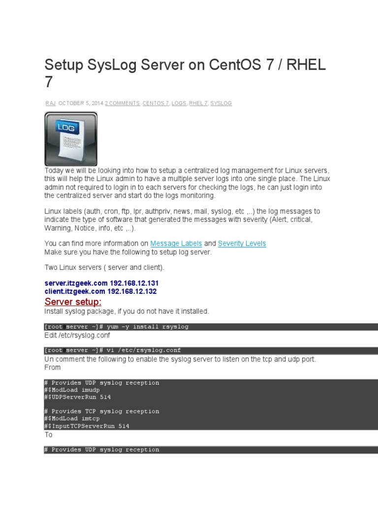Setup SysLog Server On CentOS 7 | PDF | Port (Computer Networking) | Transmission Control Protocol