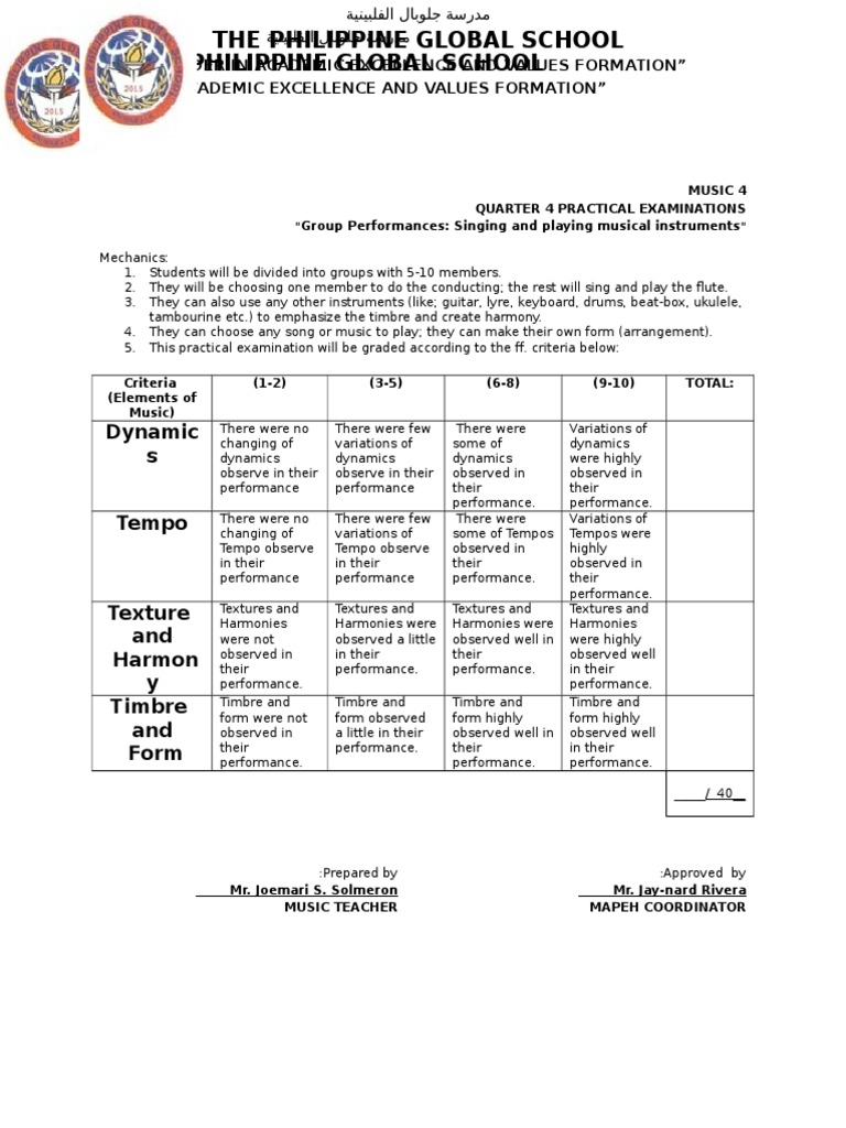 Grade 4 Music Performance Rubrics | PDF | Musical Instruments | Singing