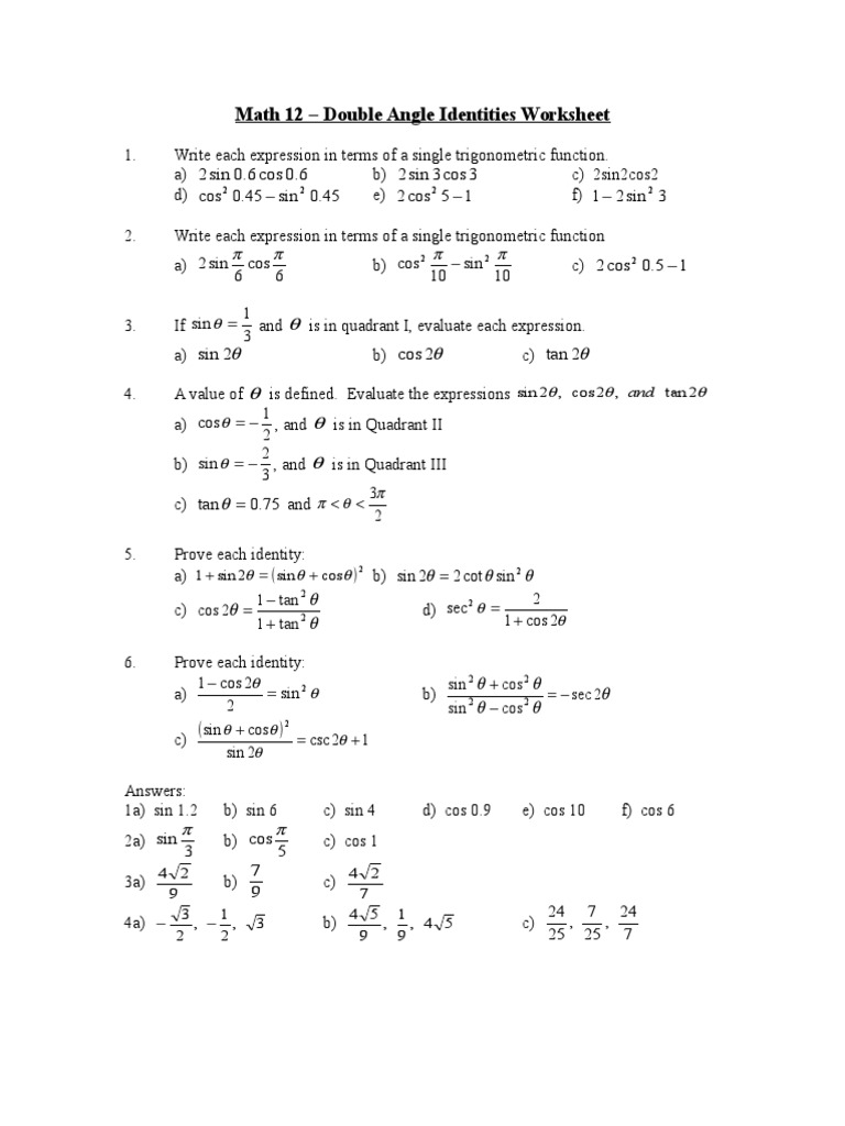 L3 Double Angle Identities Worksheet | PDF