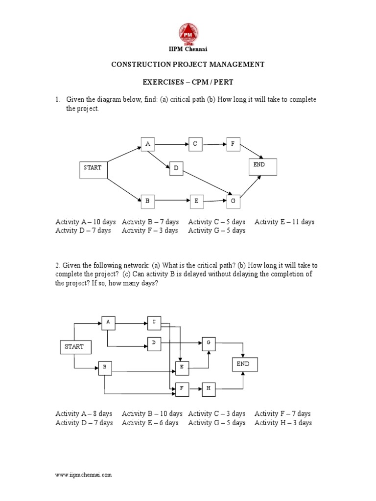 Construction Project Management Exercises - CPM / Pert: IIPM Chennai | PDF