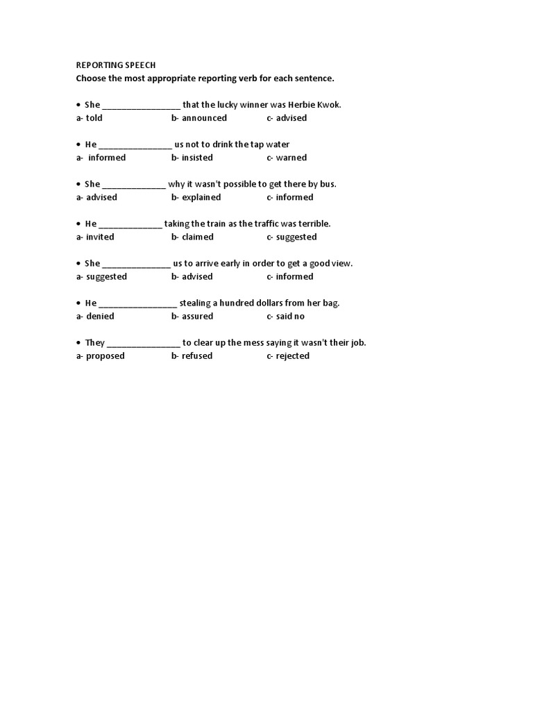 Exercise On Reporting Verbs and Patterns | PDF