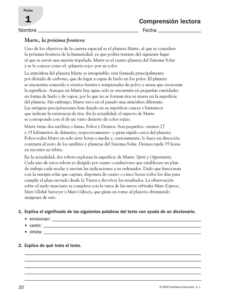 Fichas De Comprension De Planetas