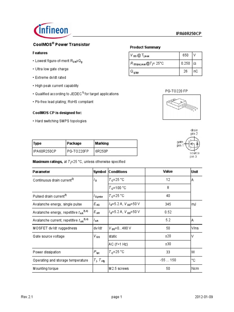 Coolmos Power Transistor: Features Product Summary | PDF | Diode | Field Effect Transistor