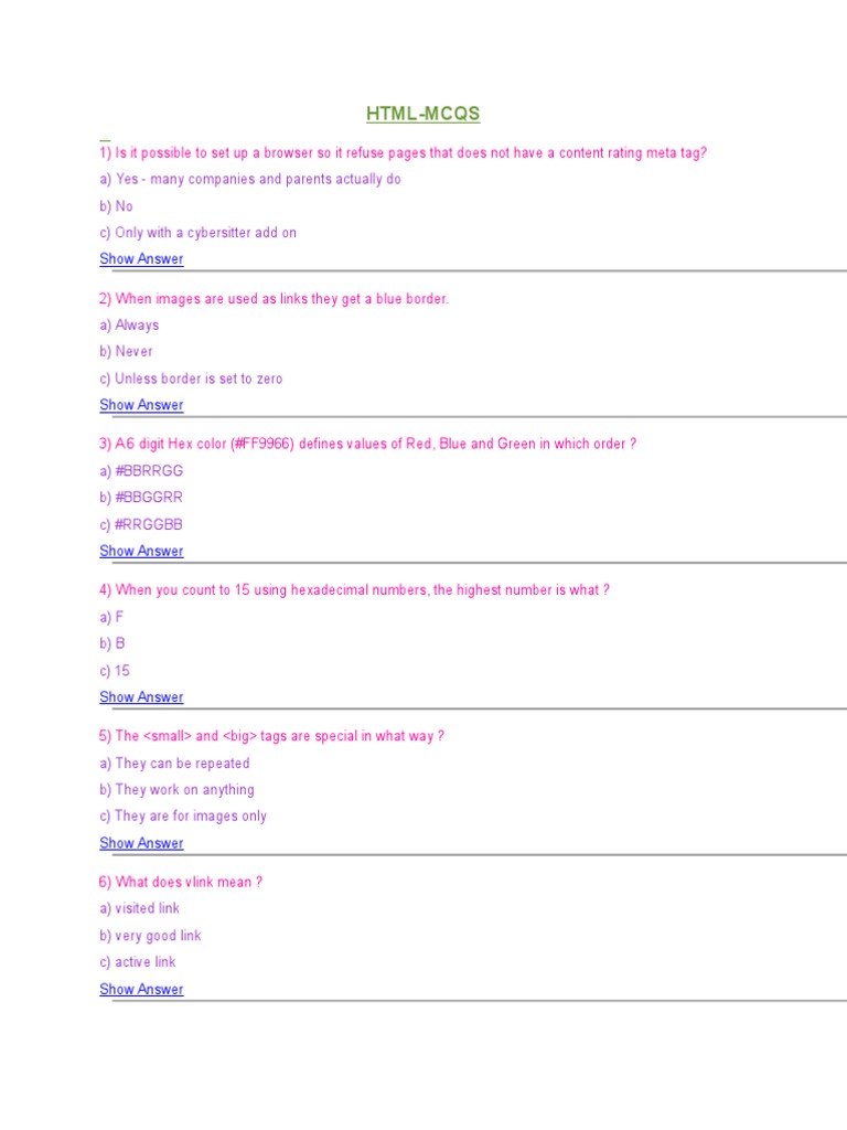 HTML Quiz Qa | Download Free PDF | Html Element | Html