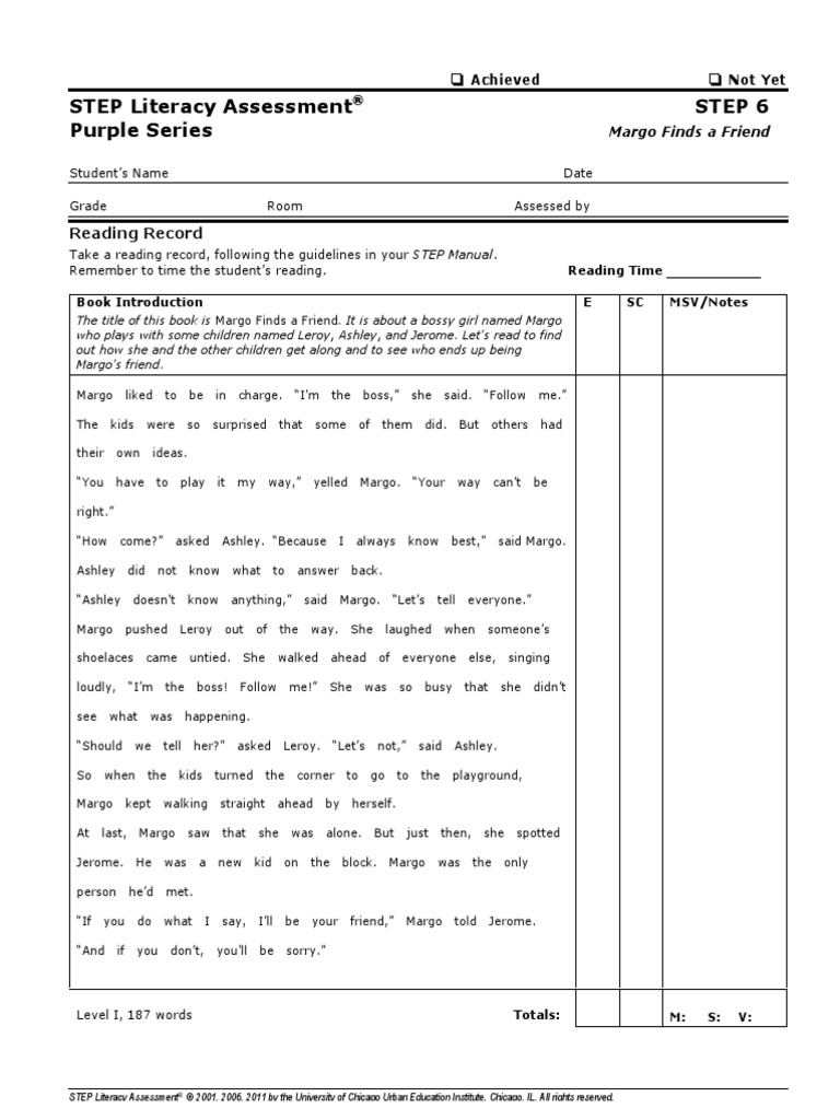 STEP Literacy Assessment Step 6 Purple Series: Reading Record
