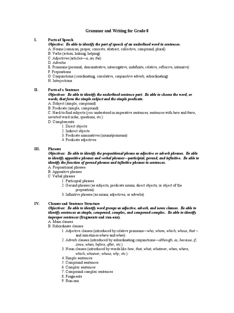 Grade 8 Grammar & Writing Guide | PDF | Phrase | Part Of Speech