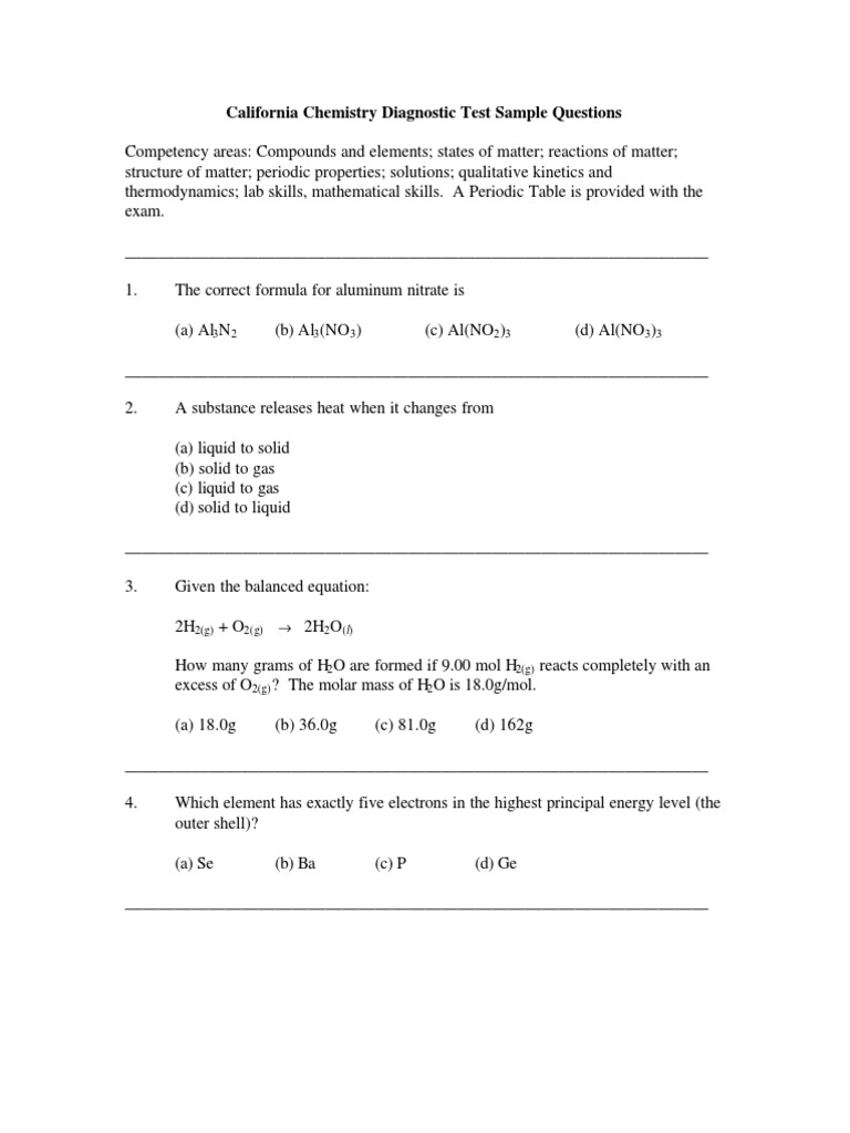 California Chemistry Diagnostic Test Questions | PDF | Teaching Methods ...