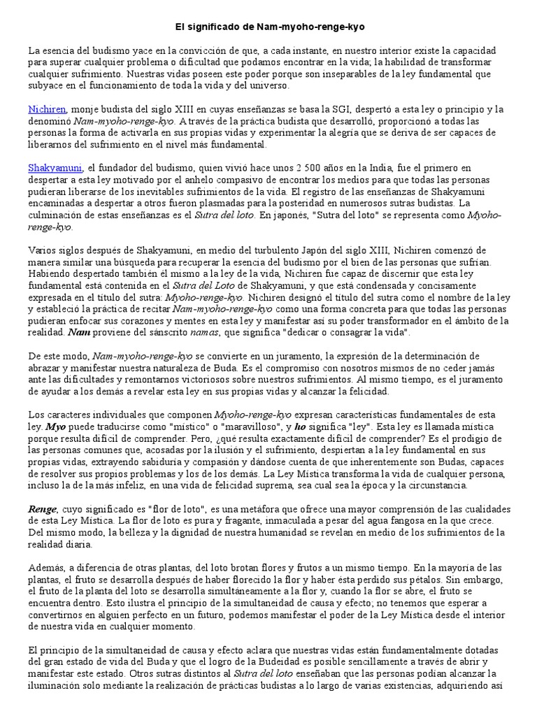 El Significado de Nam Myoho Renge Kyo | Descargar gratis PDF | Nichiren | Sutra