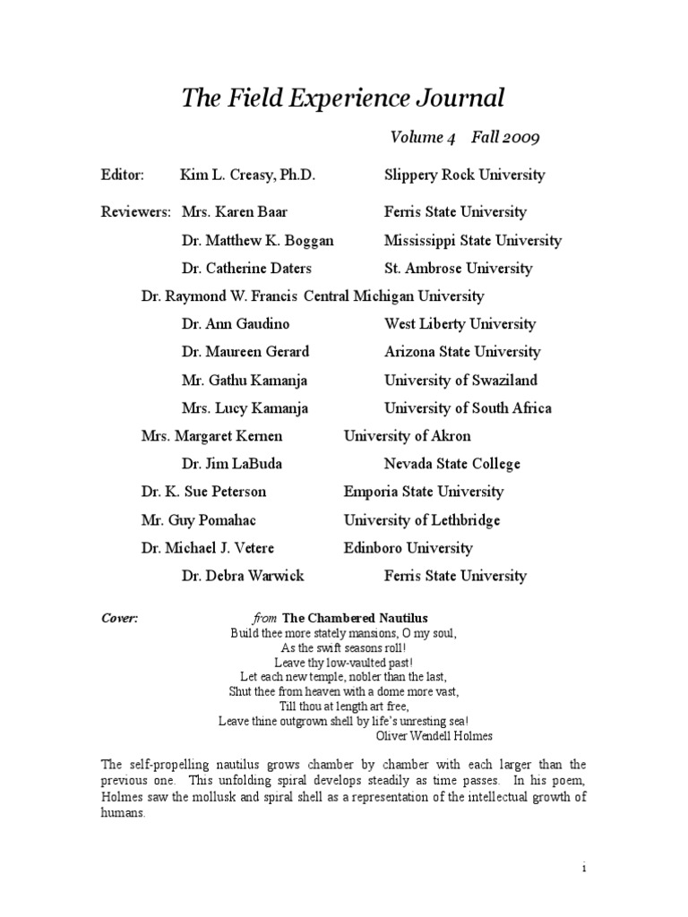 The Field Experience Journal: Volume 4 Fall 2009 | PDF | Teacher ...