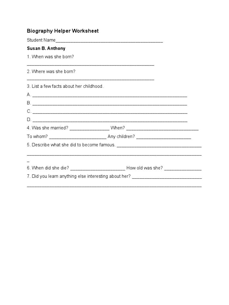 Biography Helper Worksheet: Susan B. Anthony | PDF
