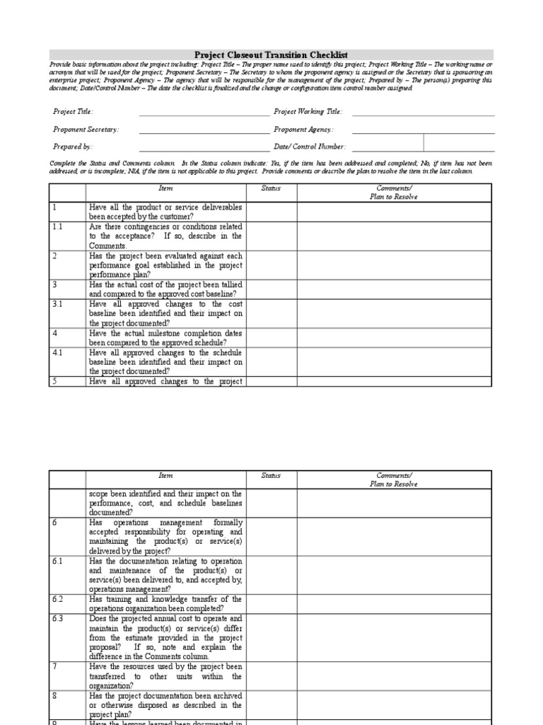 Project Closeout Transition Checklist | Download Free PDF | Business
