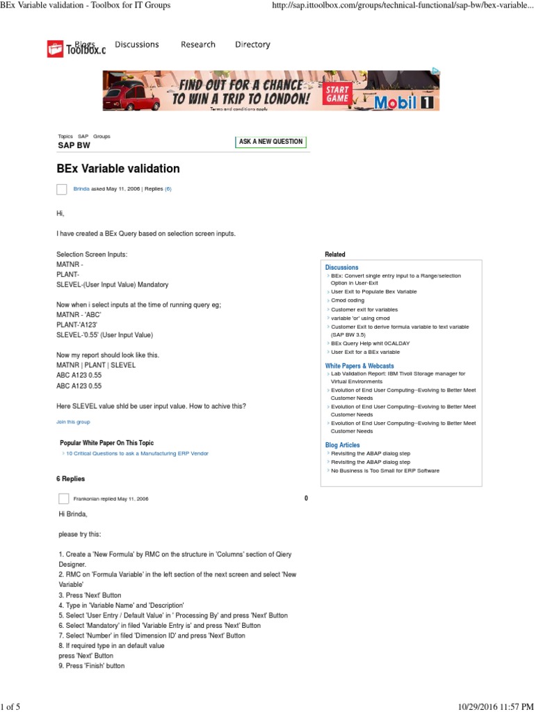 BEx Variable Validation - Toolbox For IT Groups PDF | PDF