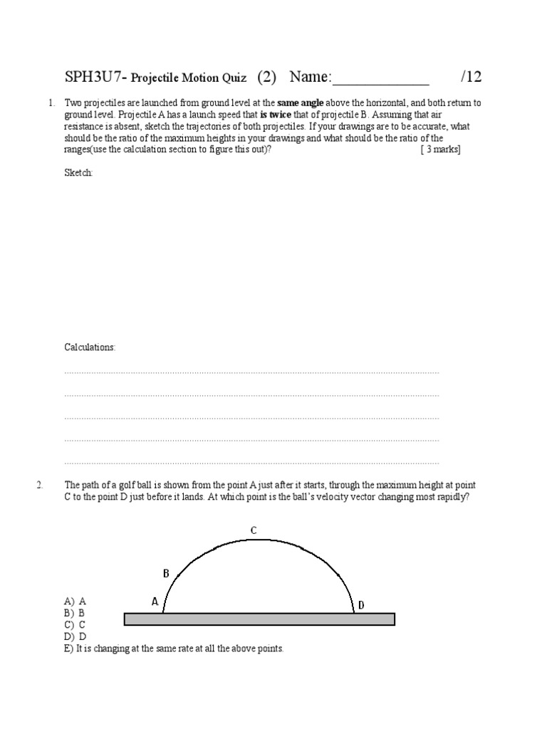 SPH3U7 Projectile Motion Quiz 2 2013 1m0c9x2 | PDF