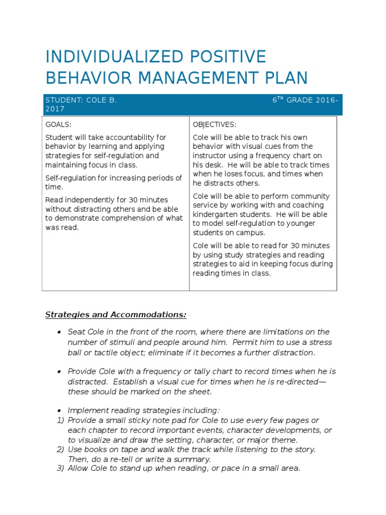 Individualized Behavior Plan for Cole B. | PDF | Science & Mathematics