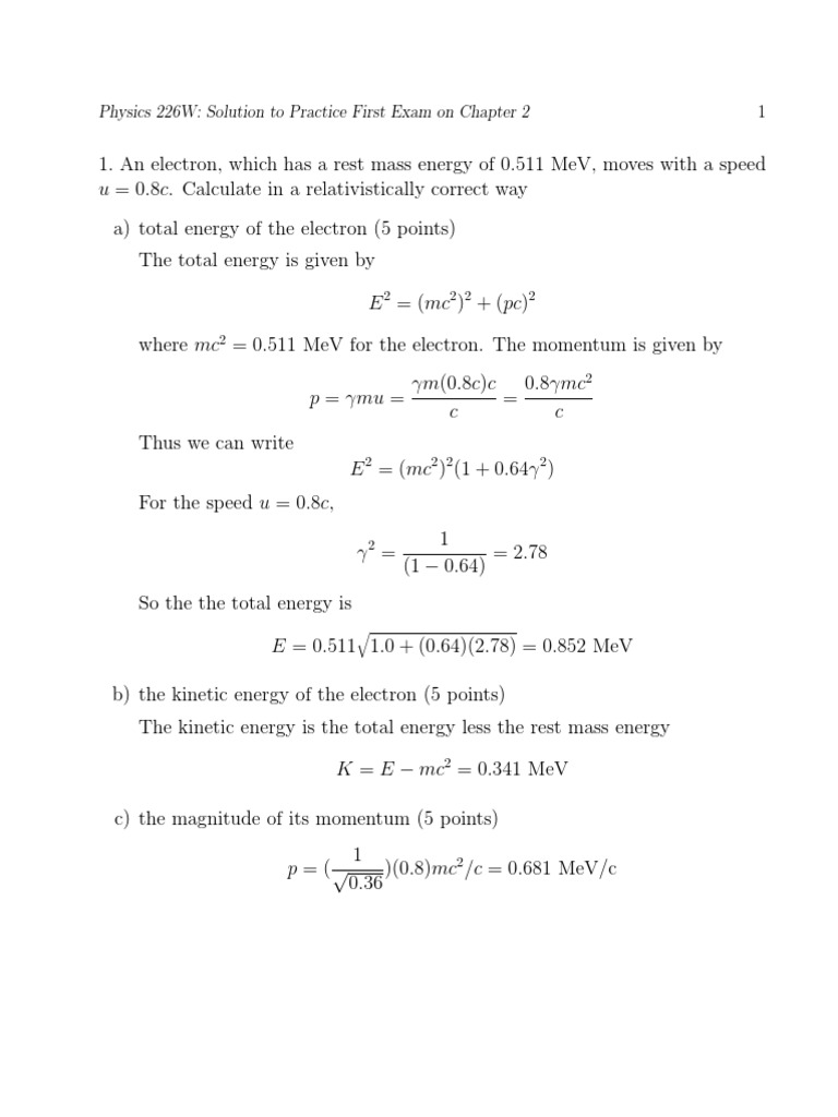 Physics 226W: Solution To Practice First Exam On Chapter 2 1 | PDF | Electronvolt | Momentum