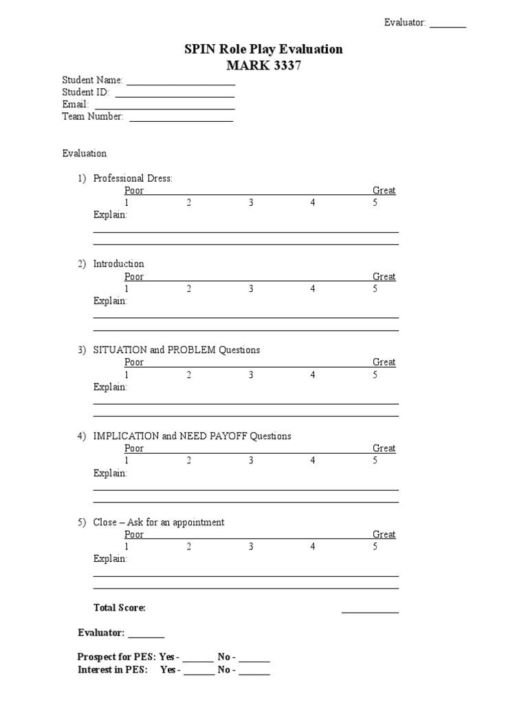 SPIN Role Play Evaluation Form | PDF | Career & Growth