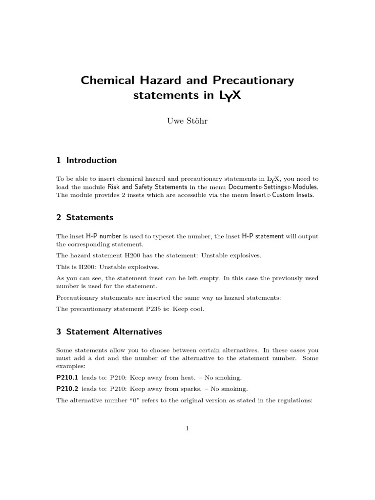 Chemical Hazard and Precautionary Statements in LyX | PDF