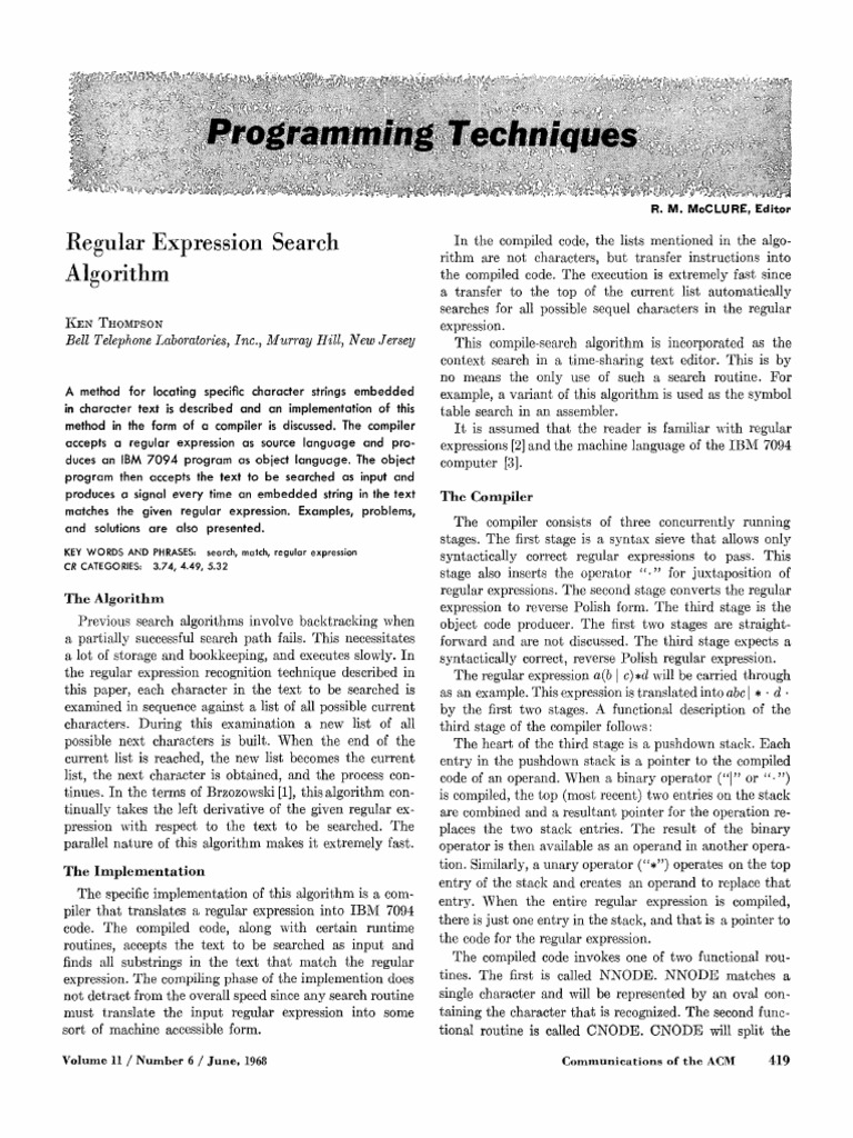 Regular Expression Search Algorithm: Bell Telephone Laboratories, Inc., Murray Hill, N e W ...