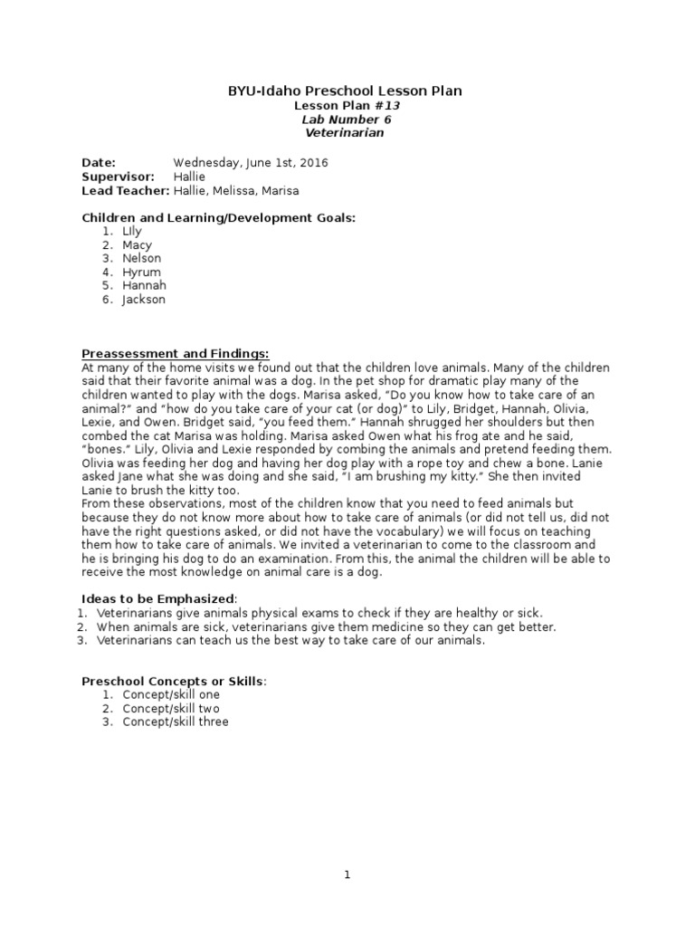 BYU-Idaho Preschool Vet Lesson Plan | PDF | Lesson Plan