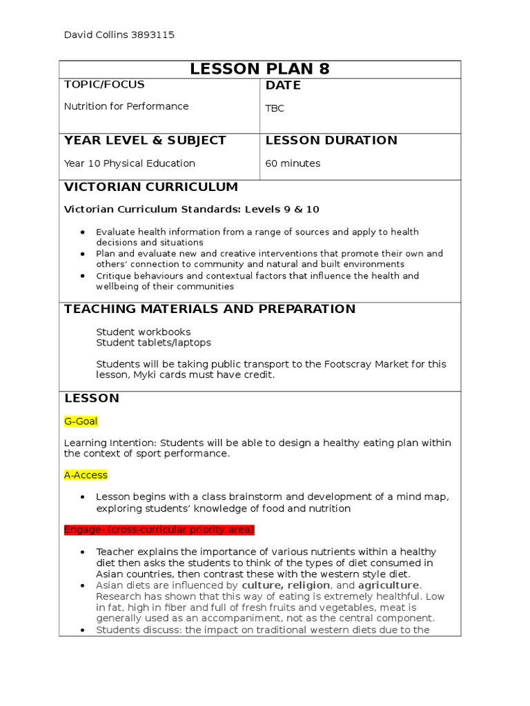 Lesson Plan 8 | PDF | Meal | Nutrition