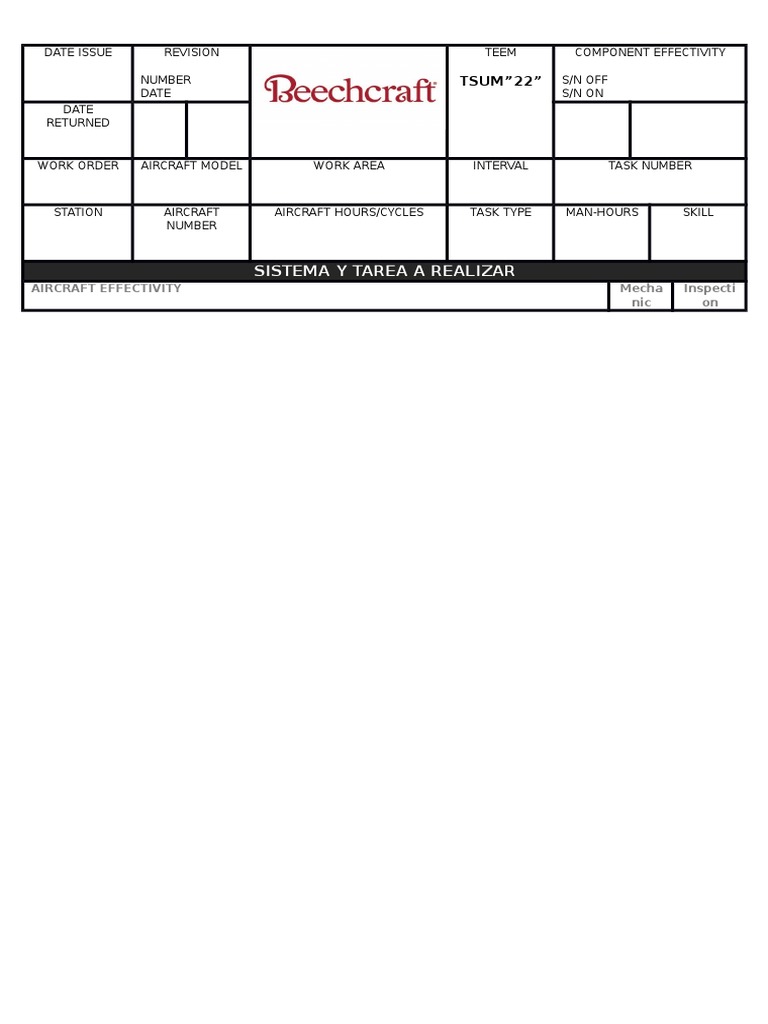 Formato Task Card Beechcraft | PDF