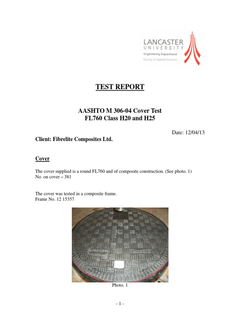Test Report: AASHTO M 306-04 Cover Test FL760 Class H20 and H25 | PDF