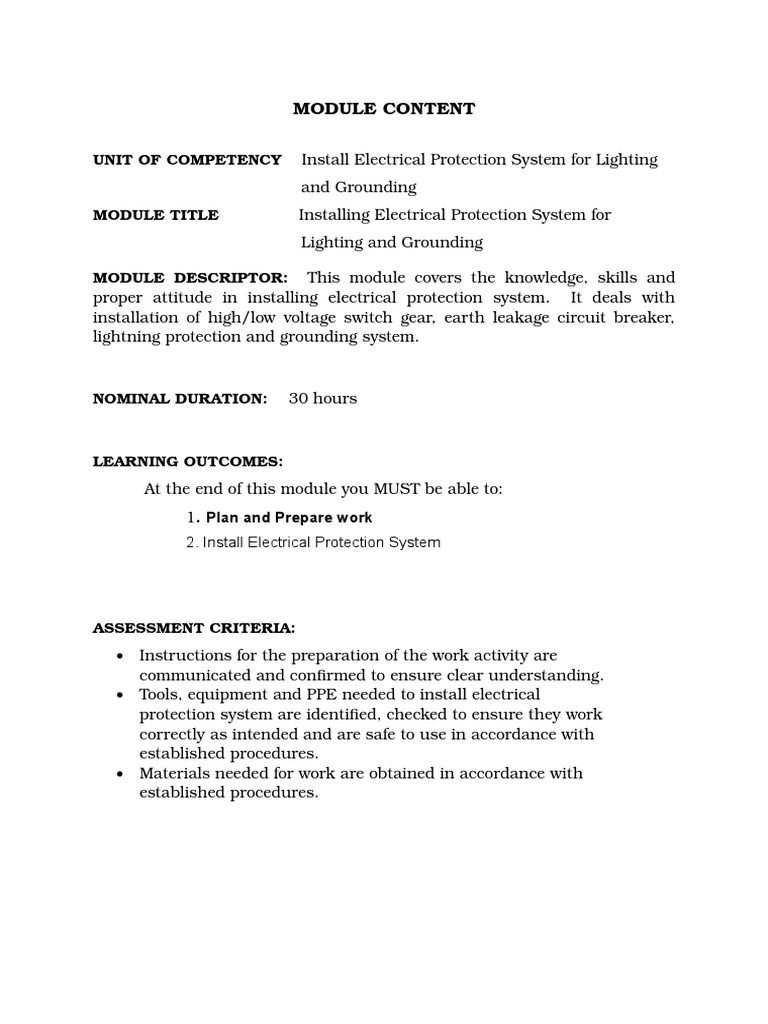 Module Content: UNIT OF COMPETENCY Install Electrical Protection System ...
