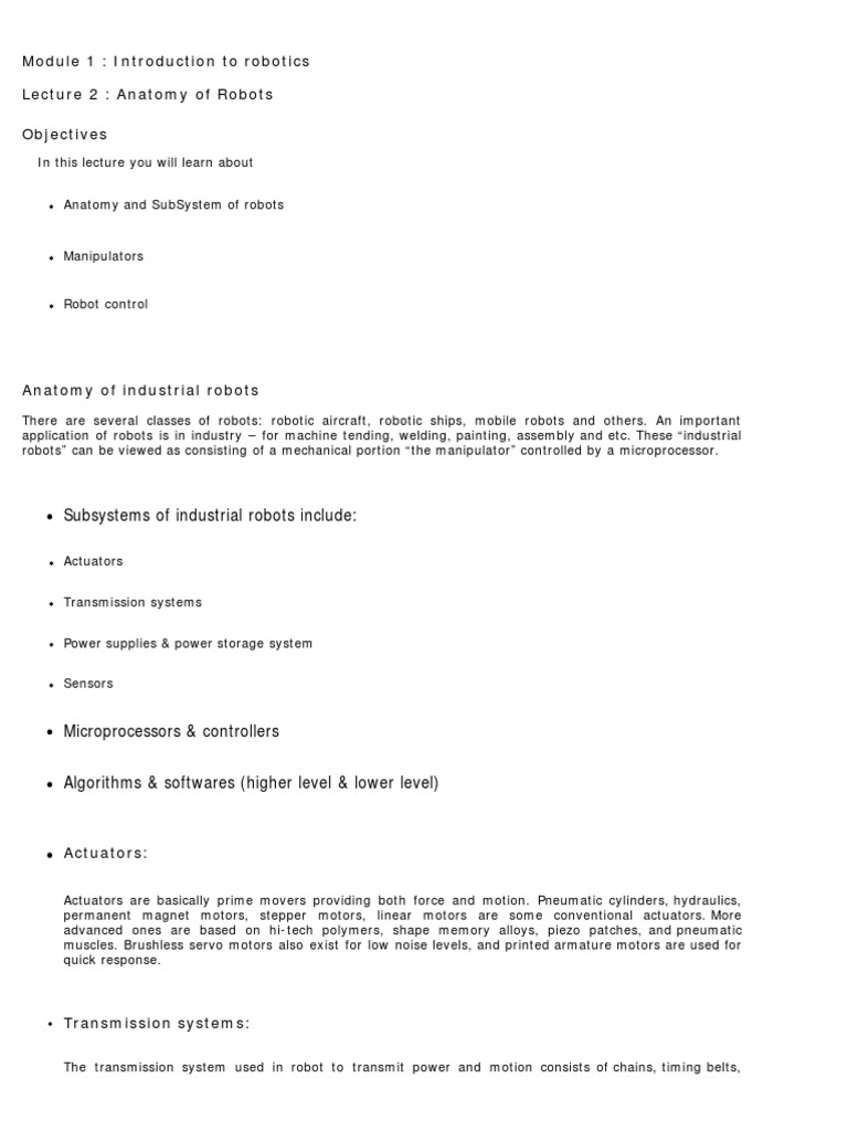 Subsystems of Industrial Robots Include:: Module 1: Introduction To Robotics Lecture 2: Anatomy ...