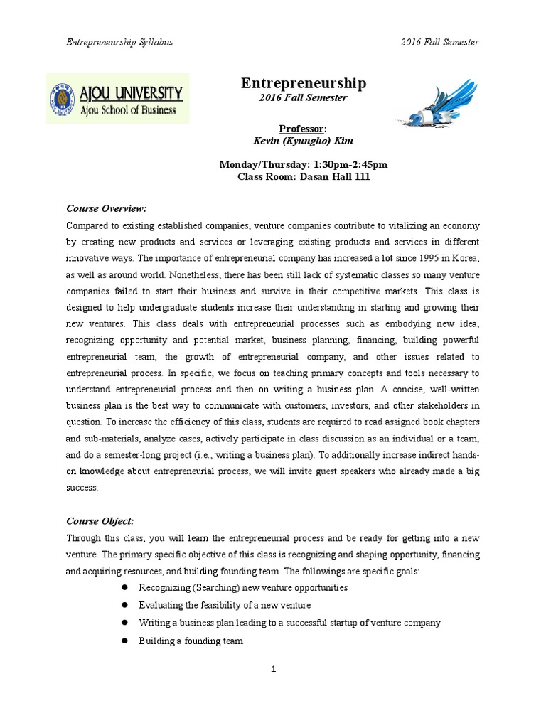 2016 Fall Semester Entrepreneurship Syllabus | PDF | Venture Capital ...